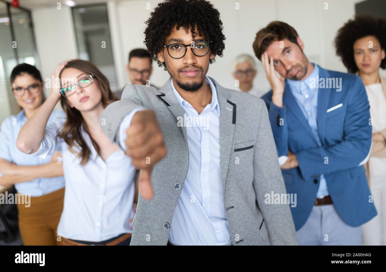 Group of unsuccessful business people and badly managed company leads ...