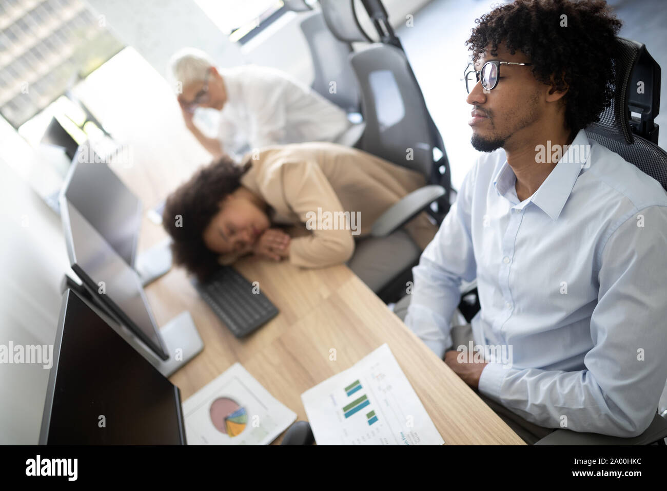 Group of unsuccessful business people and badly managed company leads ...