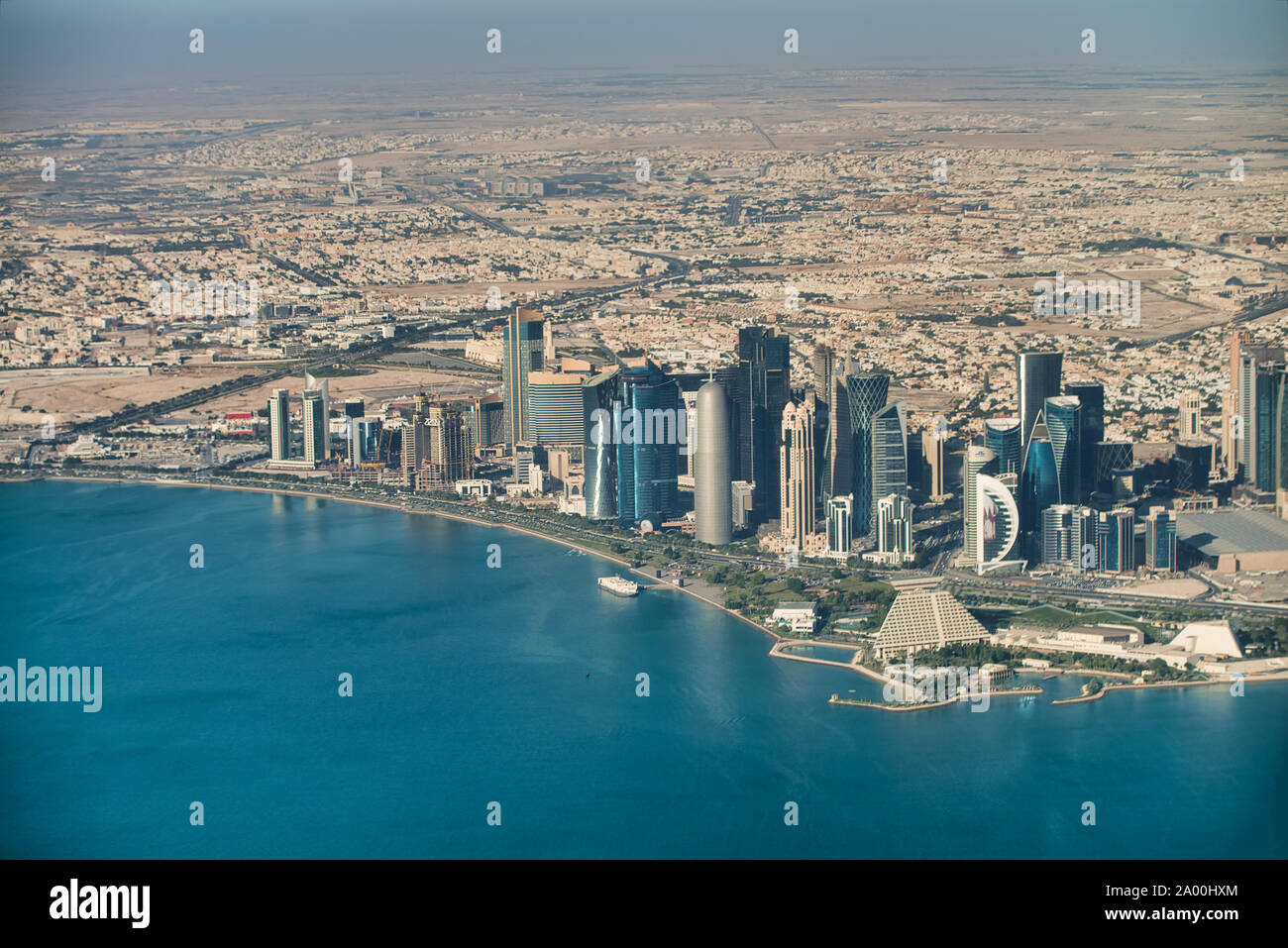 Doha, Qatar. Aerial view of beautiful modern skyline from a moving ...
