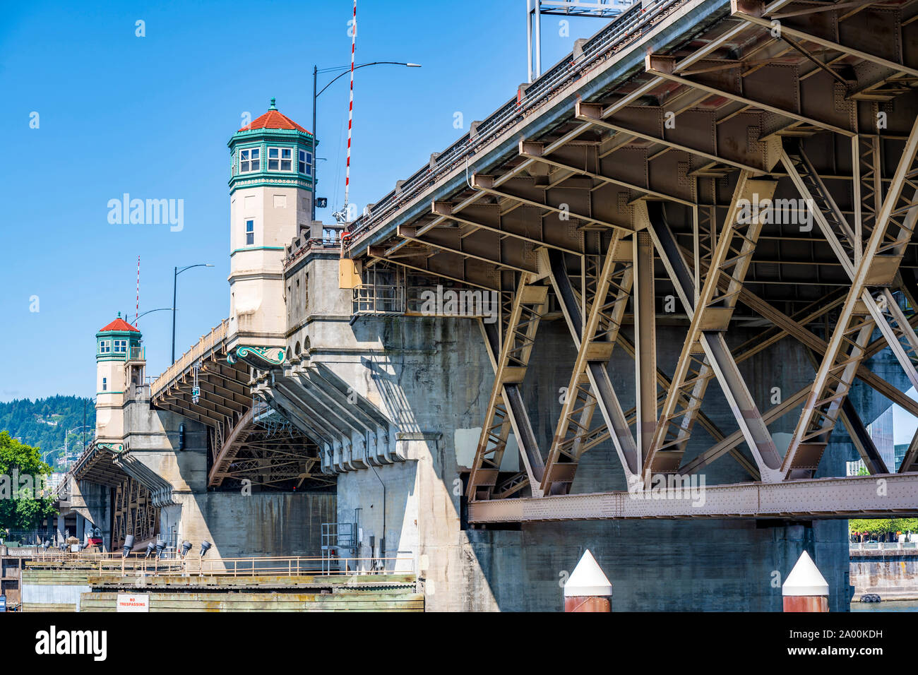 Burnside wide truss drawbridge with towers on concrete supports with ...