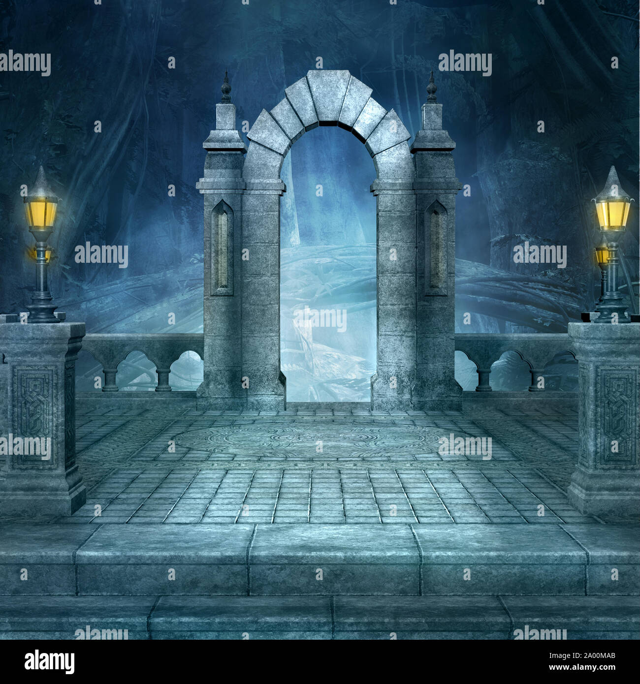 Fantasy night background with an arch taking to the woodland Stock ...