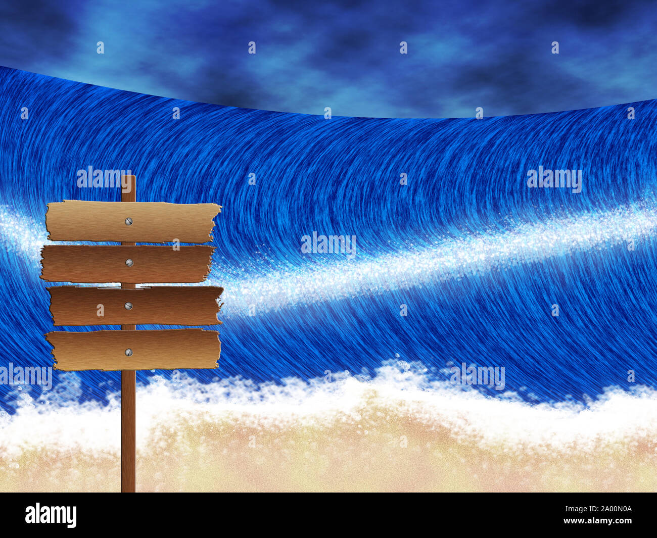 Cartoon large blue wave, tsunami seascape digital illustration Stock ...