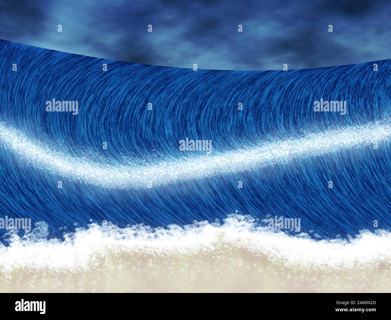 Cartoon large blue wave, tsunami seascape digital illustration Stock ...