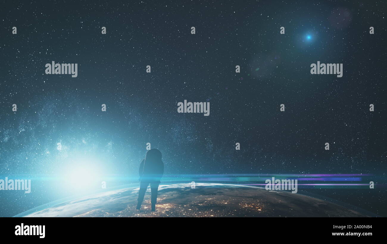 3d animation spaceman in spacesuit silhouette flies over illuminated ... 3d animation spaceman in spacesuit silhouette flies over illuminated ...