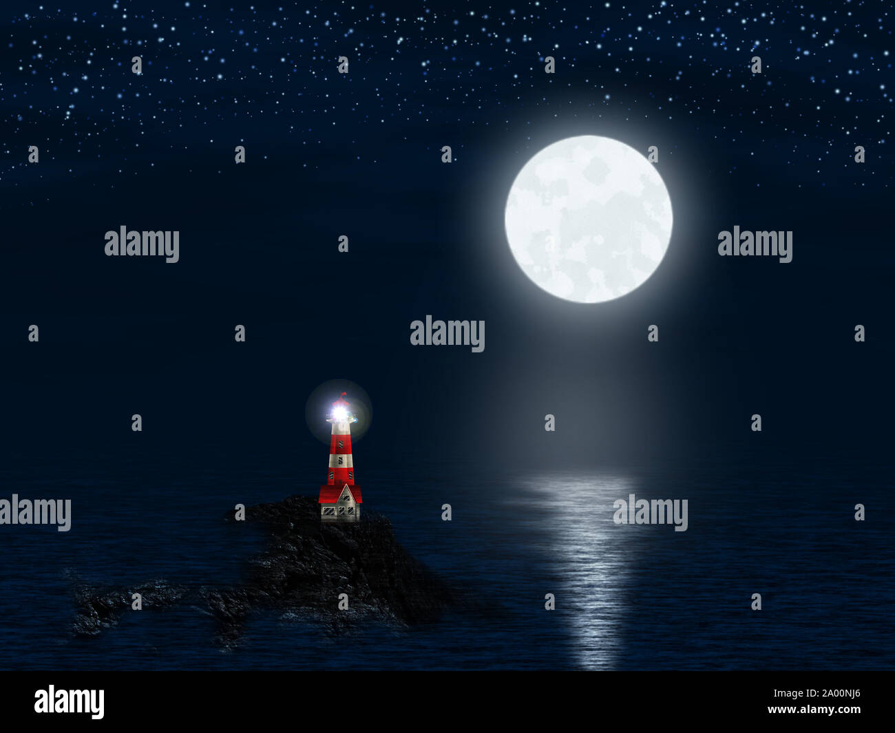 Big full moon and lighthouse in the sea Stock Photo - Alamy