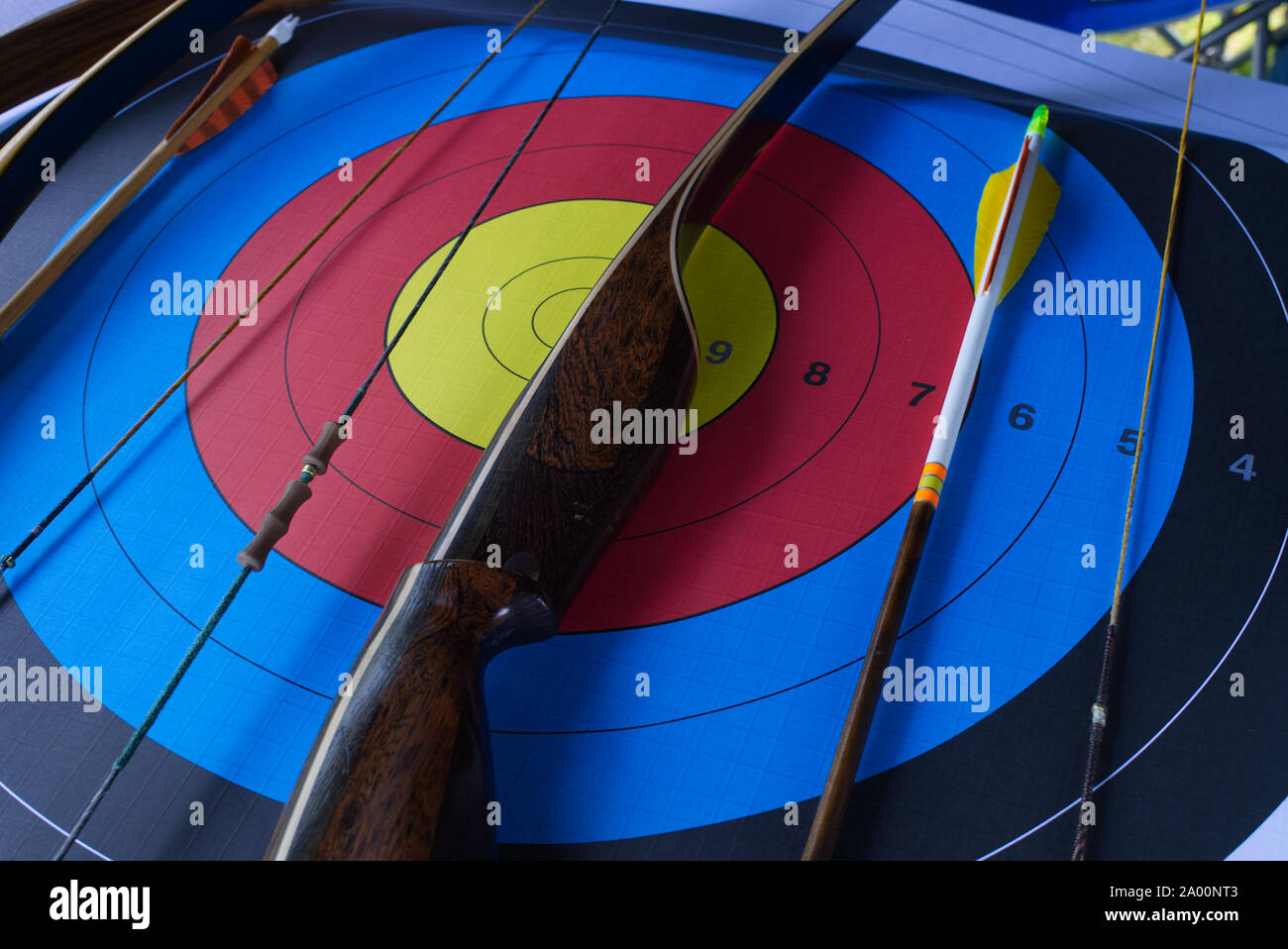 Bow and arrow with an archery target in a close up oblique angle view ...