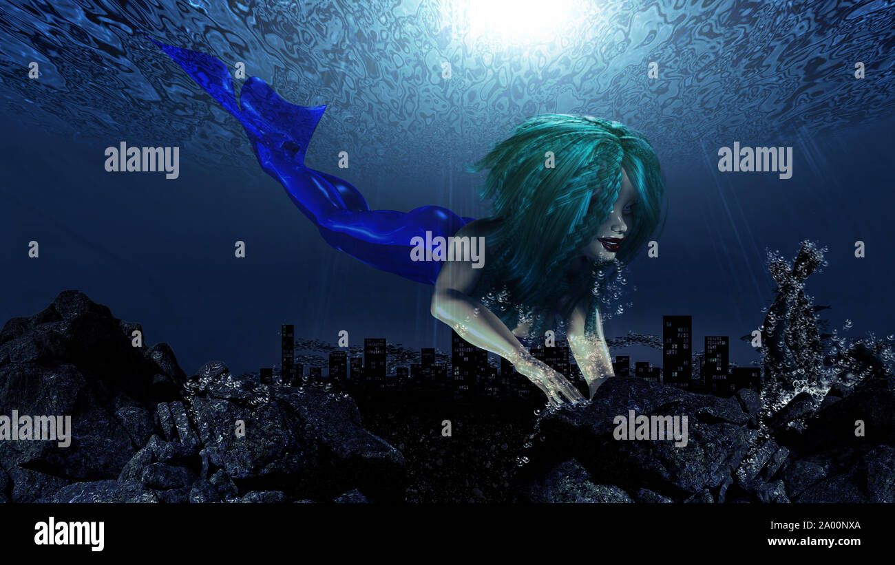 Illustration of beautiful mermaid in underwater world background Stock ...