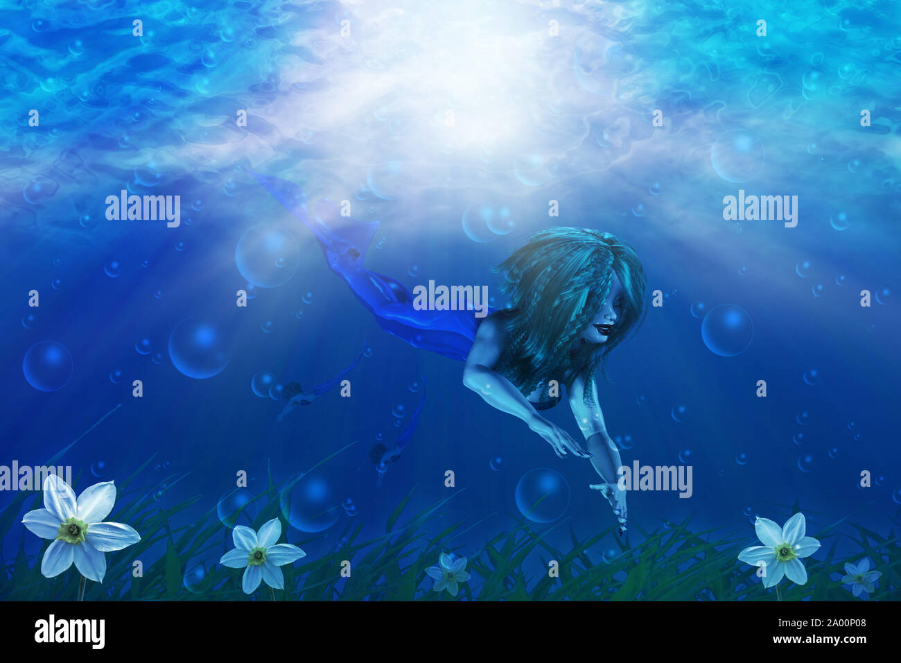 Illustration of beautiful mermaid in underwater world background Stock ...