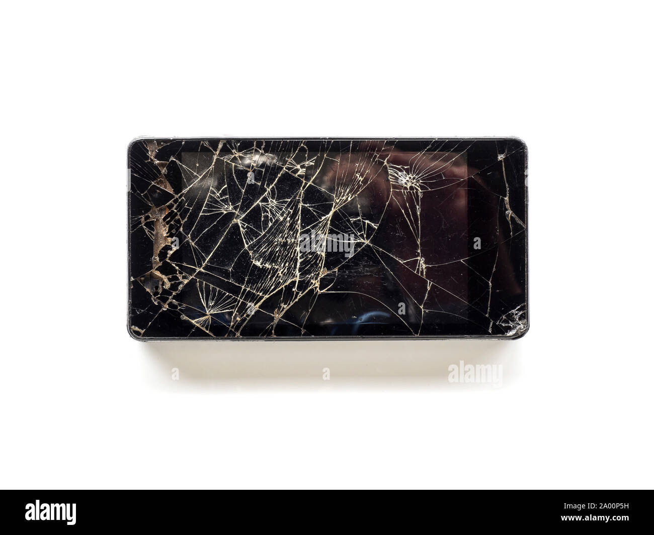 Top view of broken touch screen smart phone isolated on white ...