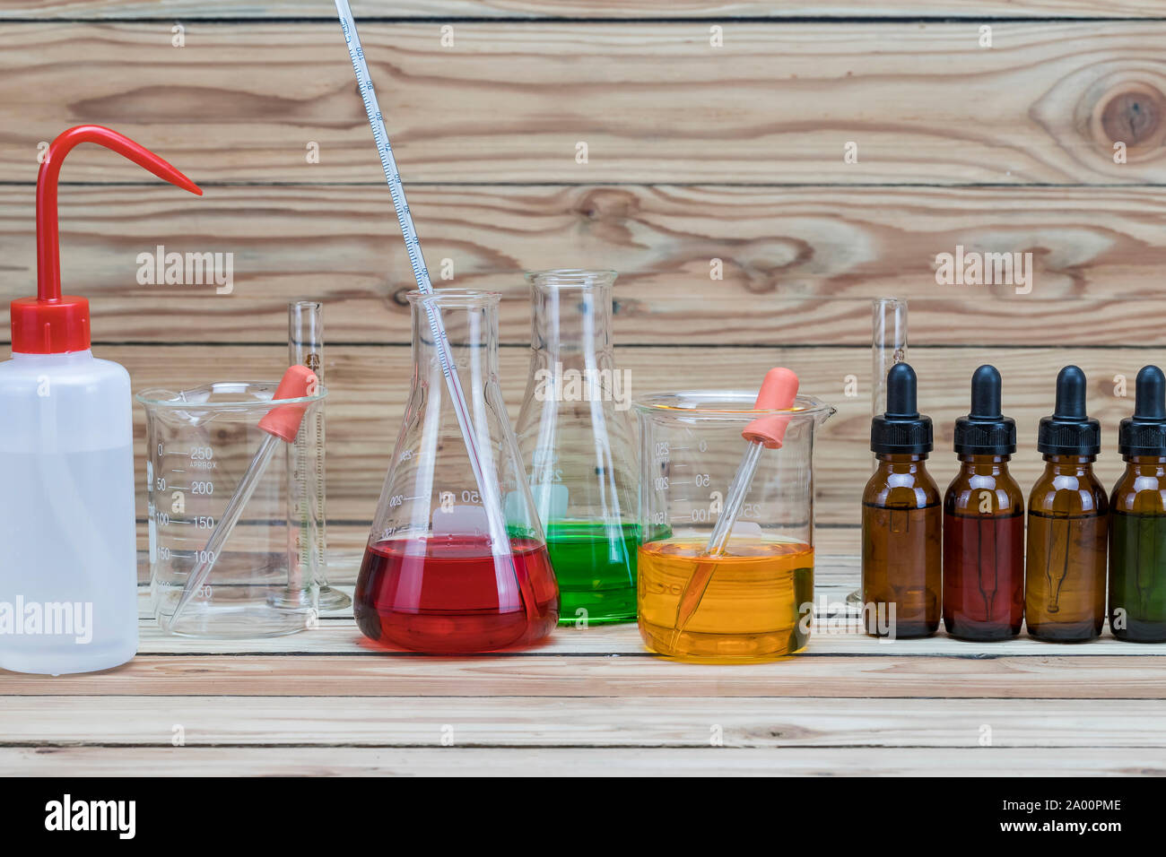 Beaker and bottle. Several chemical solution in flask. Laboratory ...