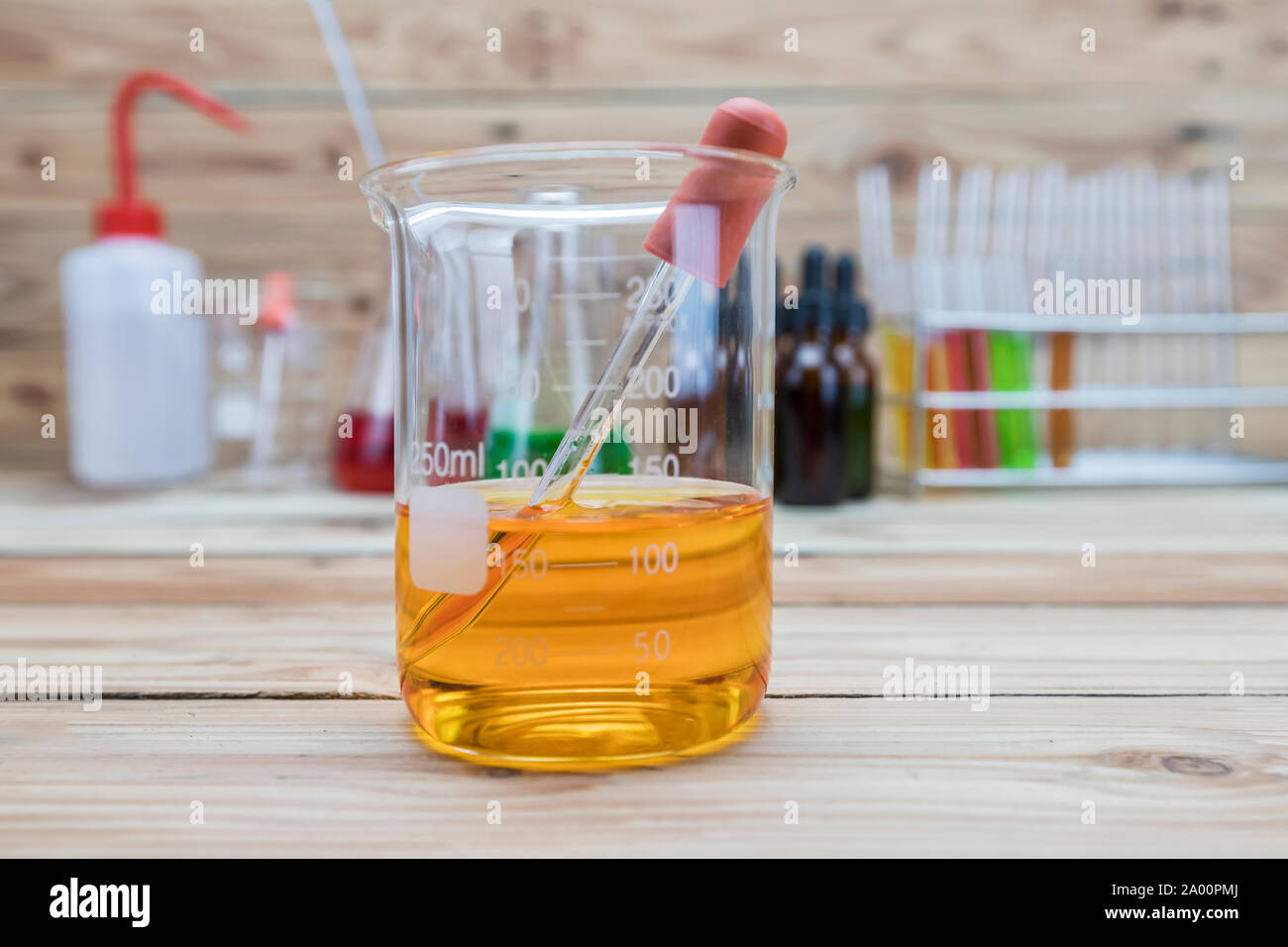 Beaker and bottle. Several chemical solution in flask. Laboratory ...