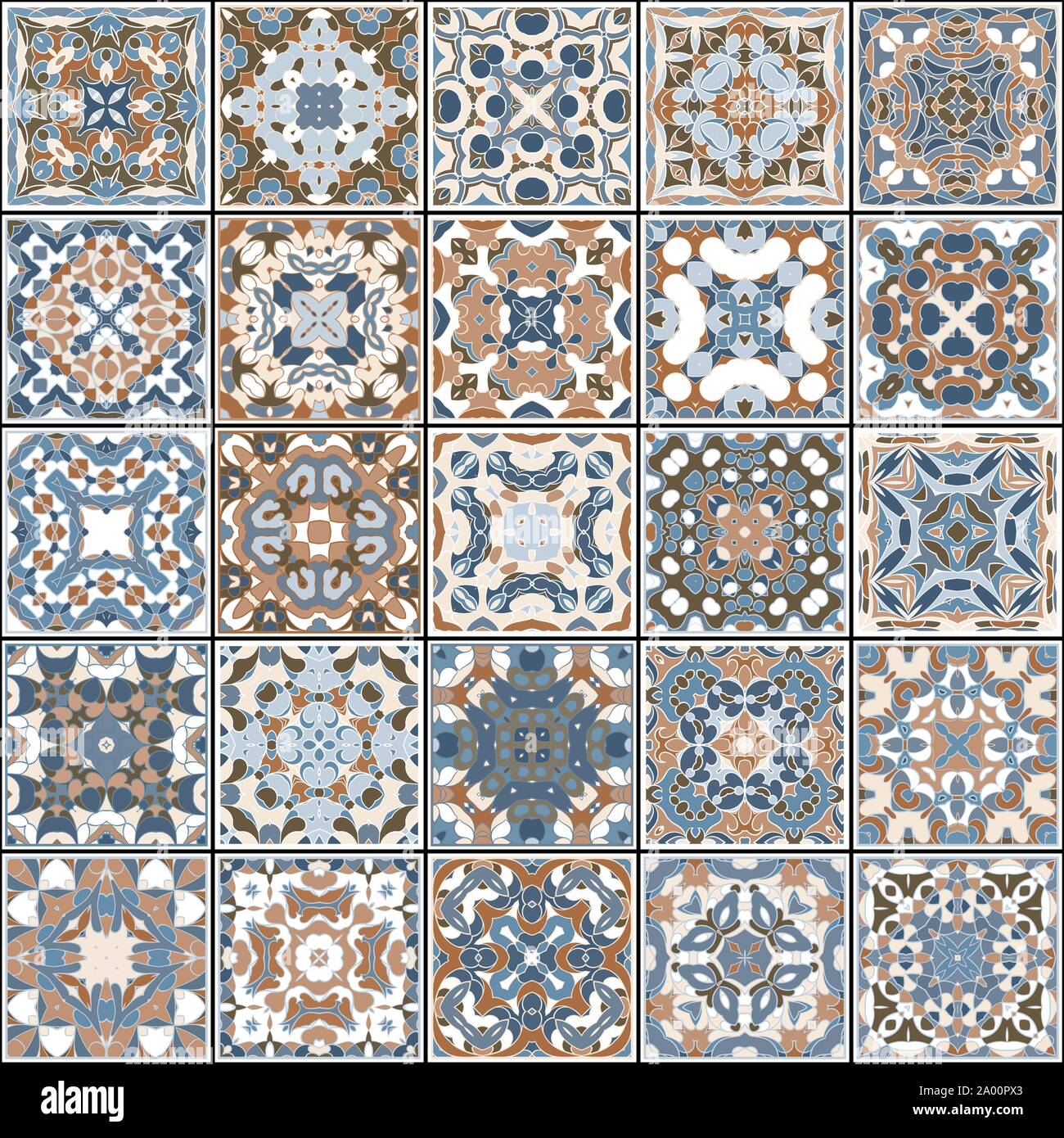 A collection of ceramic tiles in retro colors. A set of square patterns ...