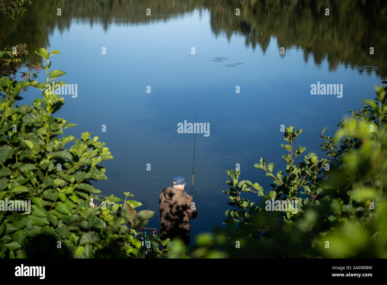 Adelberg, Germany. 19th Sep, 2019. An angler is fishing at a reservoir ...