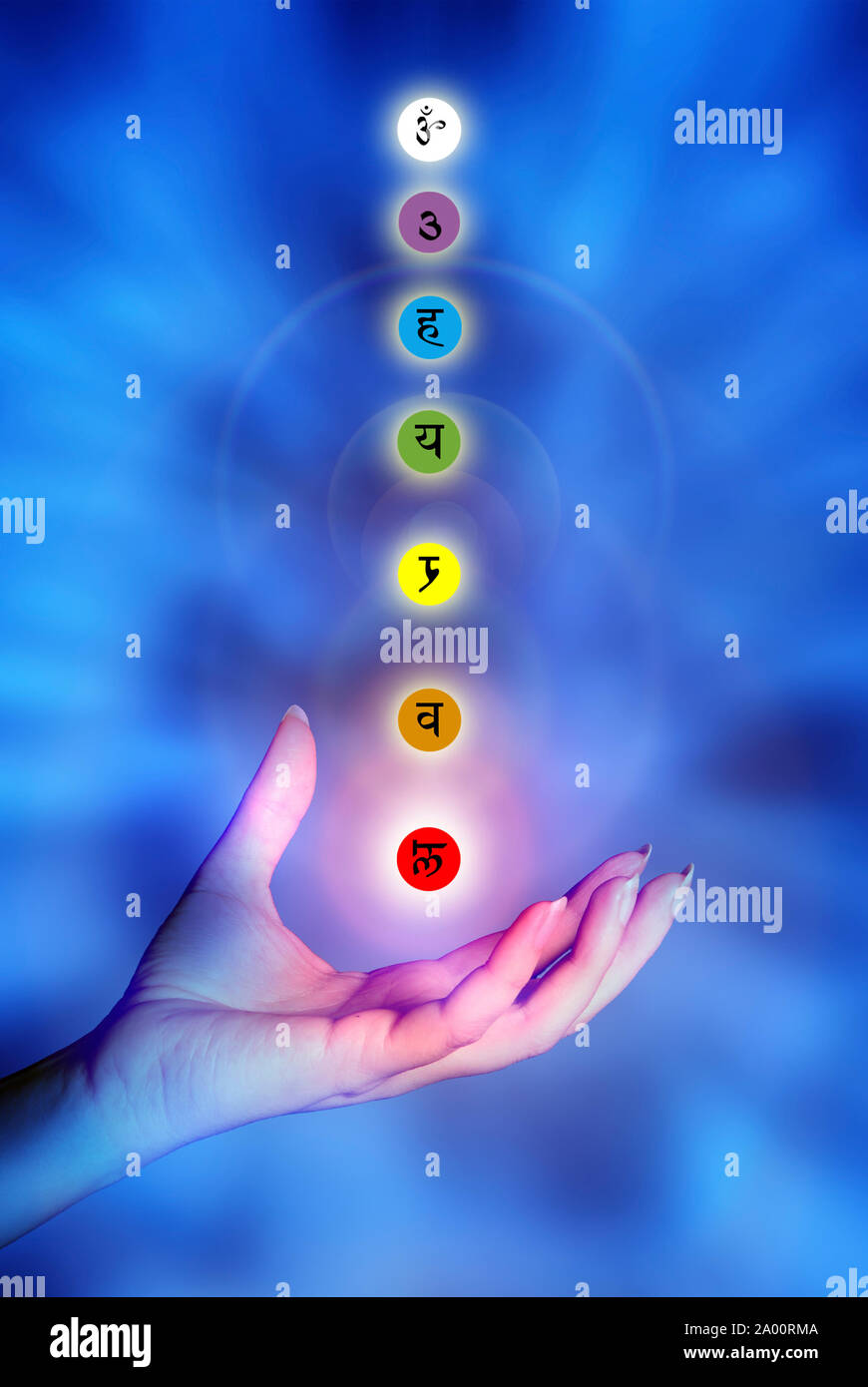 hand holding a set of all seven Chakras symbols Stock Photo - Alamy