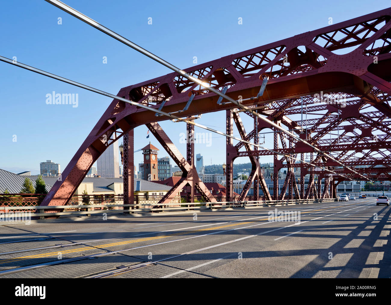 Red old metal truss transportation, streetcar and dedicated pedestrian ...
