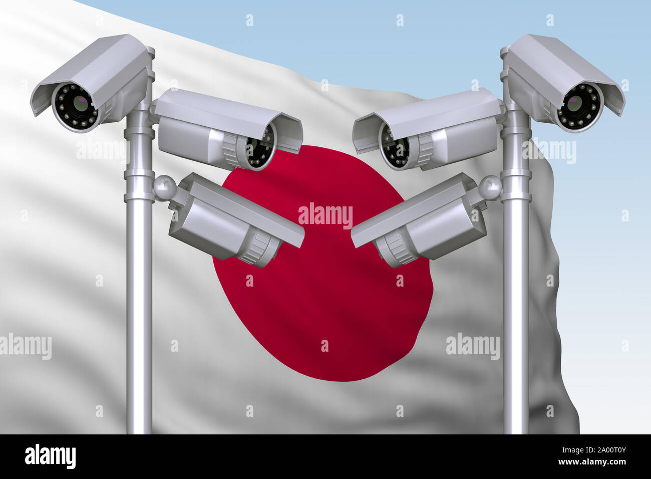 group of video cameras on background of flag of Japan. 3d rendering ...