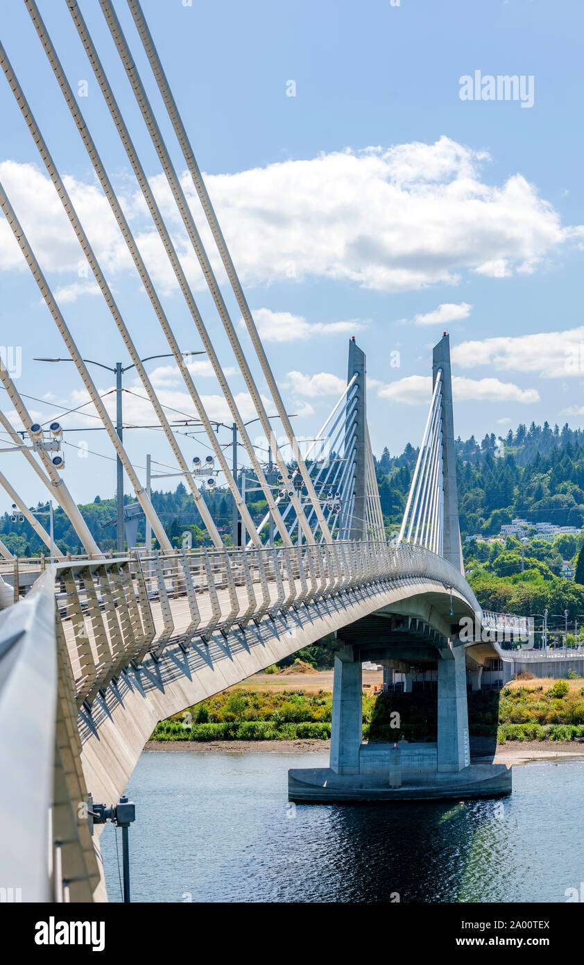 Pedestrian bridge has stainless steel columns hi-res stock photography ...