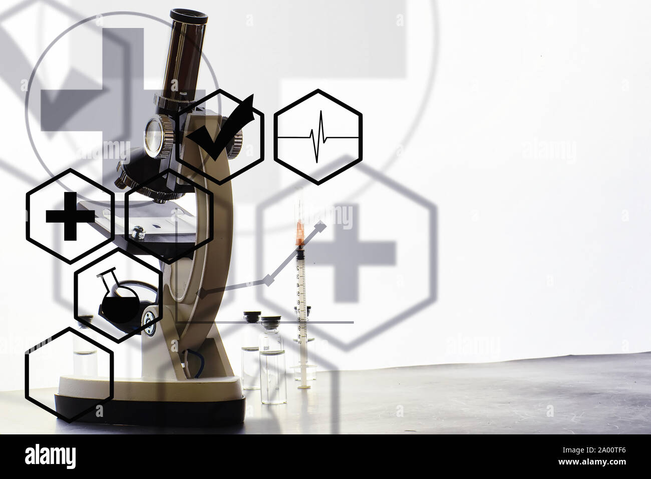 Research laboratory. Test tubes and microscope on the table. Double ...