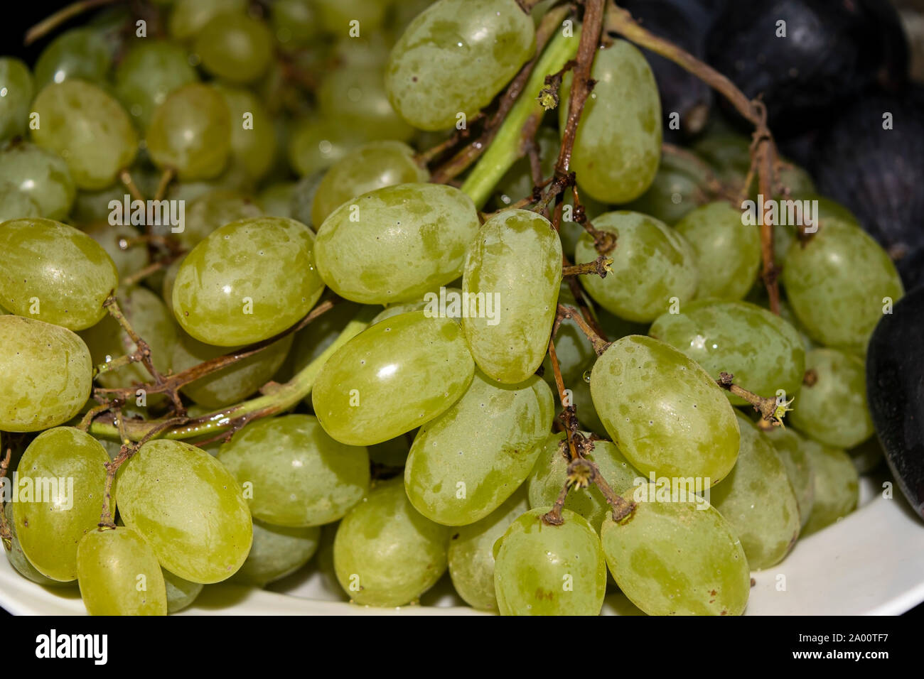 Fresh green grapes on the table on a plate. Autumn harvest vineyard ...