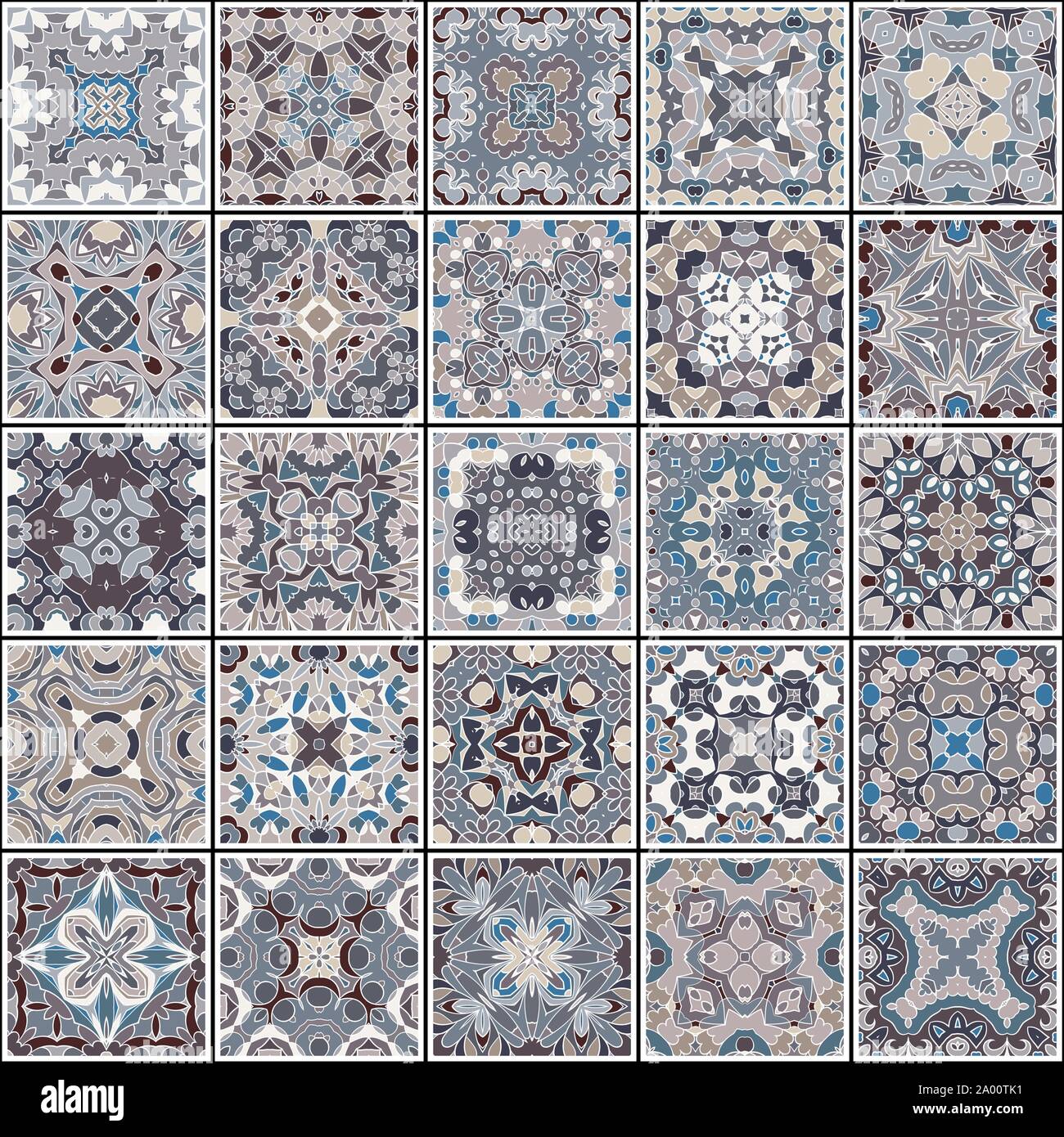 A collection of ceramic tiles in retro colors. A set of square patterns ...