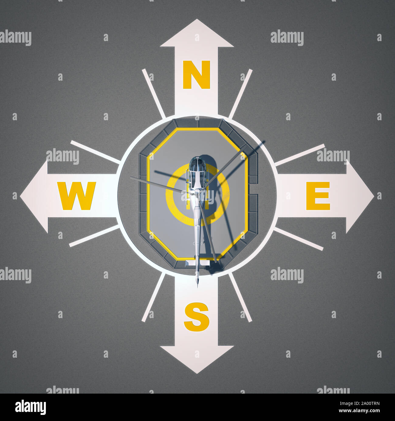 helicopter at site with compass symbol top view. 3d rendering Stock ...