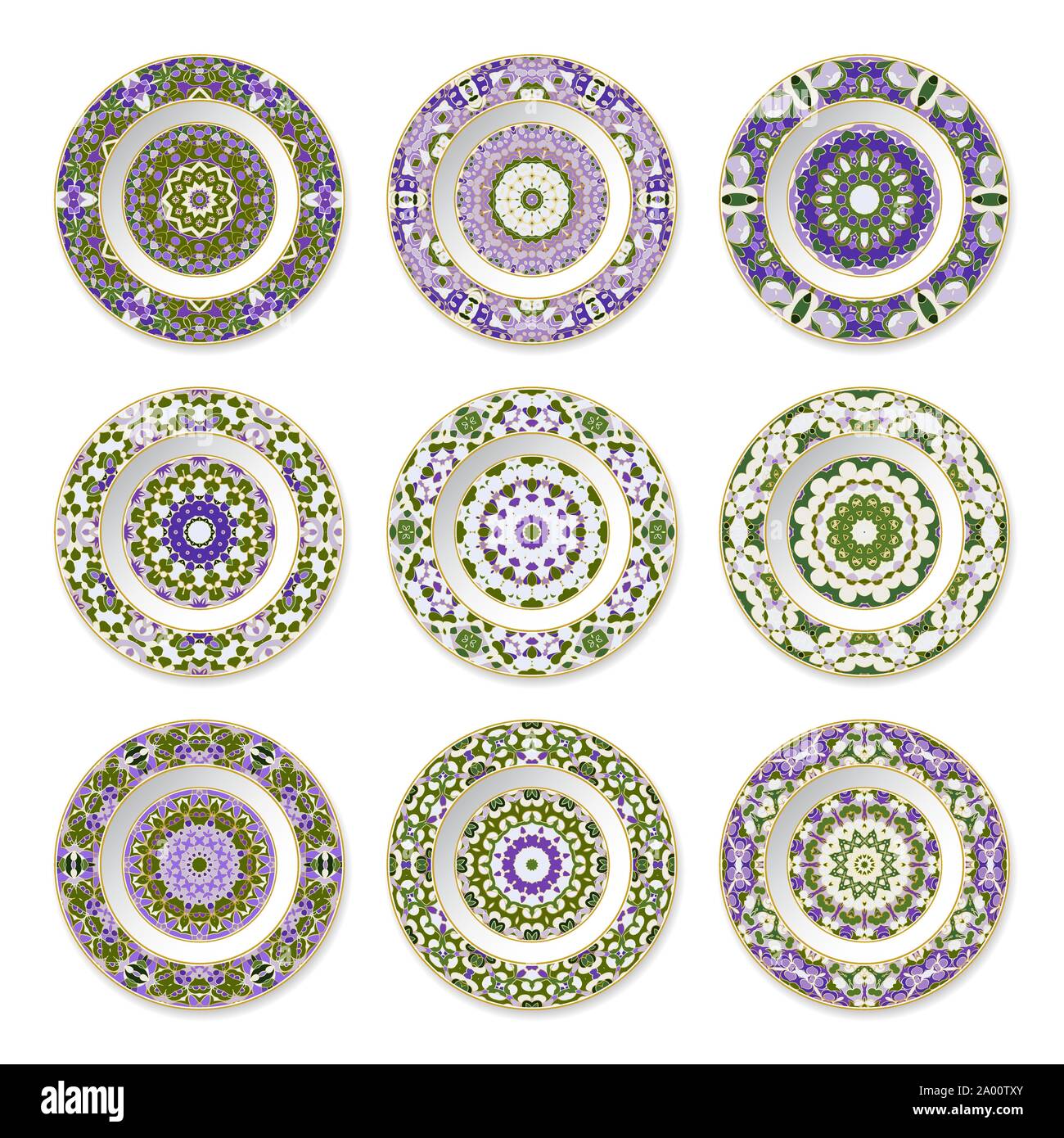 Set of nine decorative plates with a circular colored pattern, top view ...
