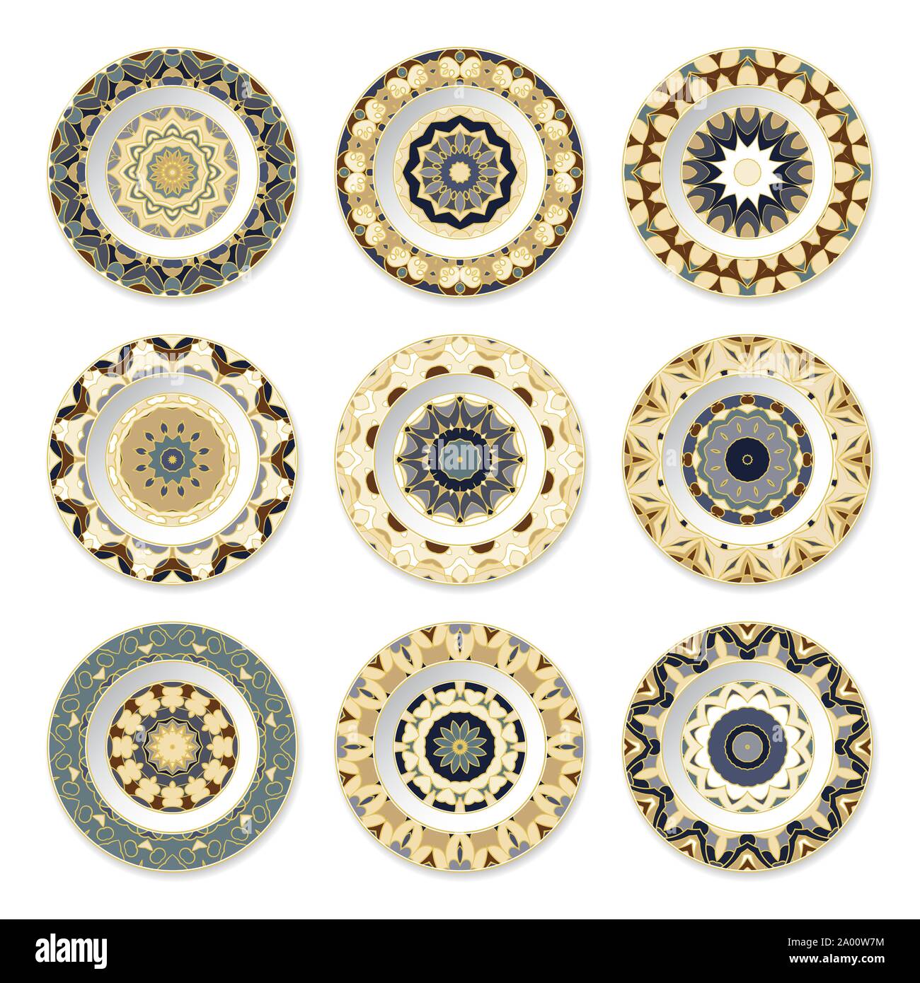 Set of nine decorative plates with a circular colored pattern, top view ...