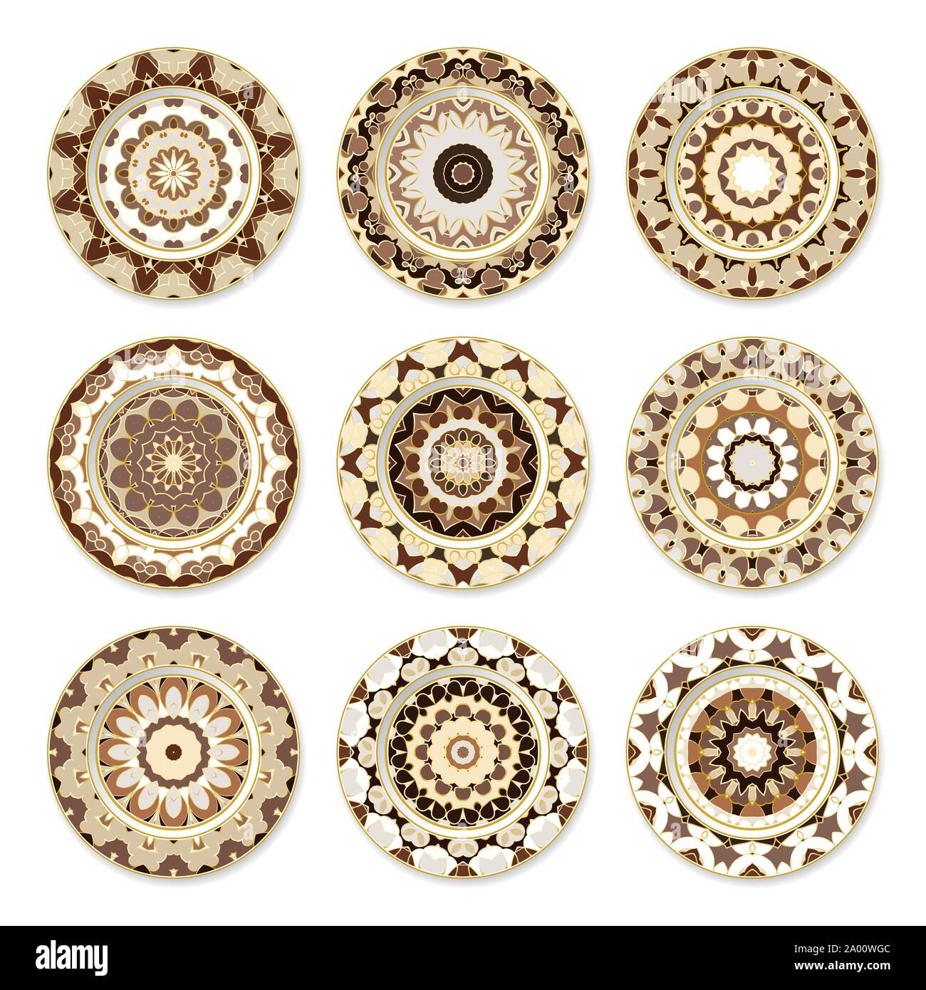 Set of nine decorative plates with a circular colored pattern, top view ...