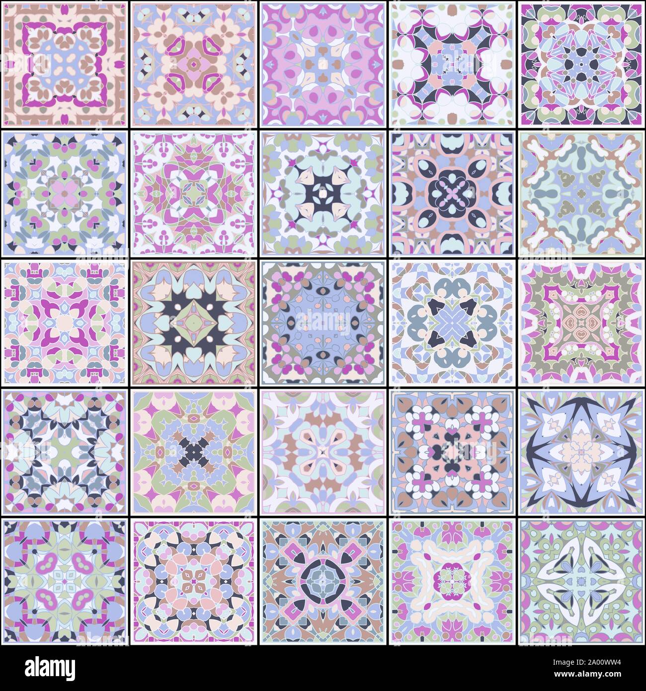 A collection of ceramic tiles in retro colors. A set of square patterns ...