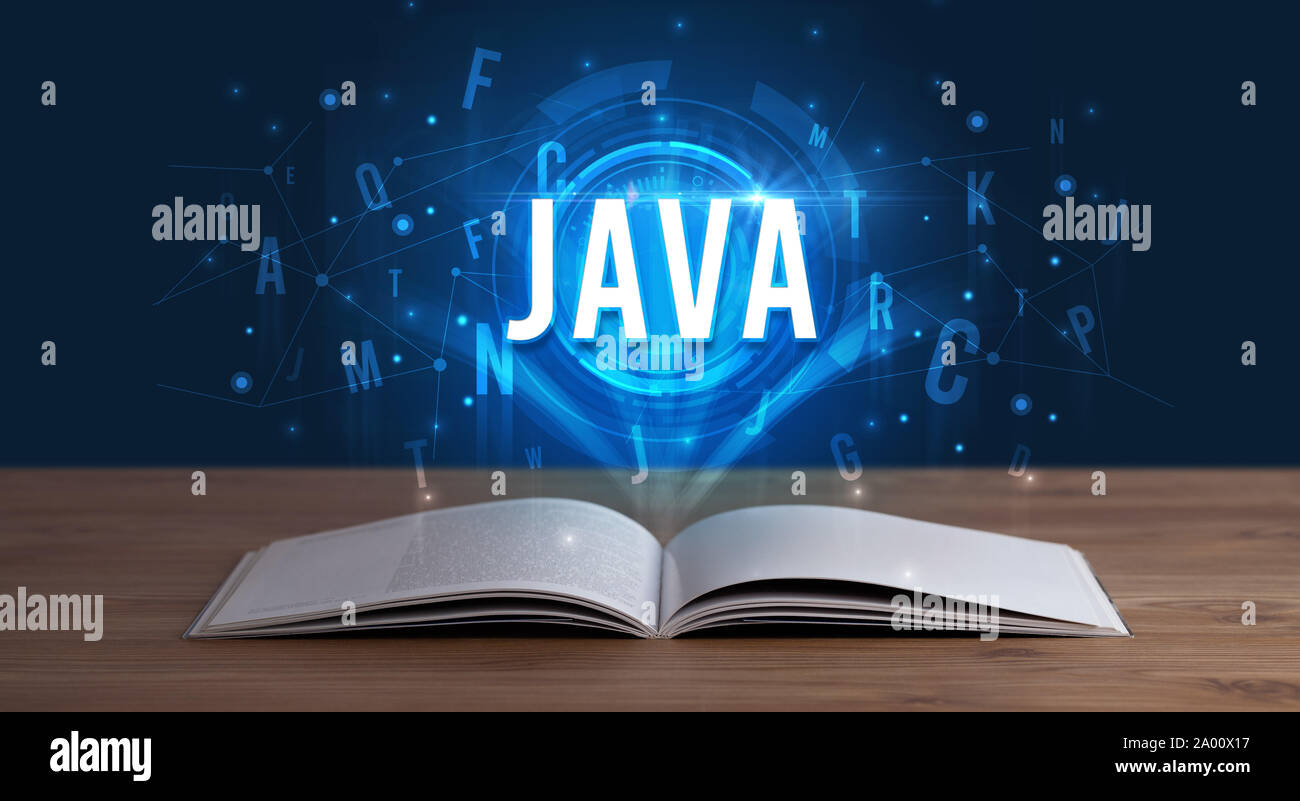JAVA inscription coming out from an open book, digital technology ...