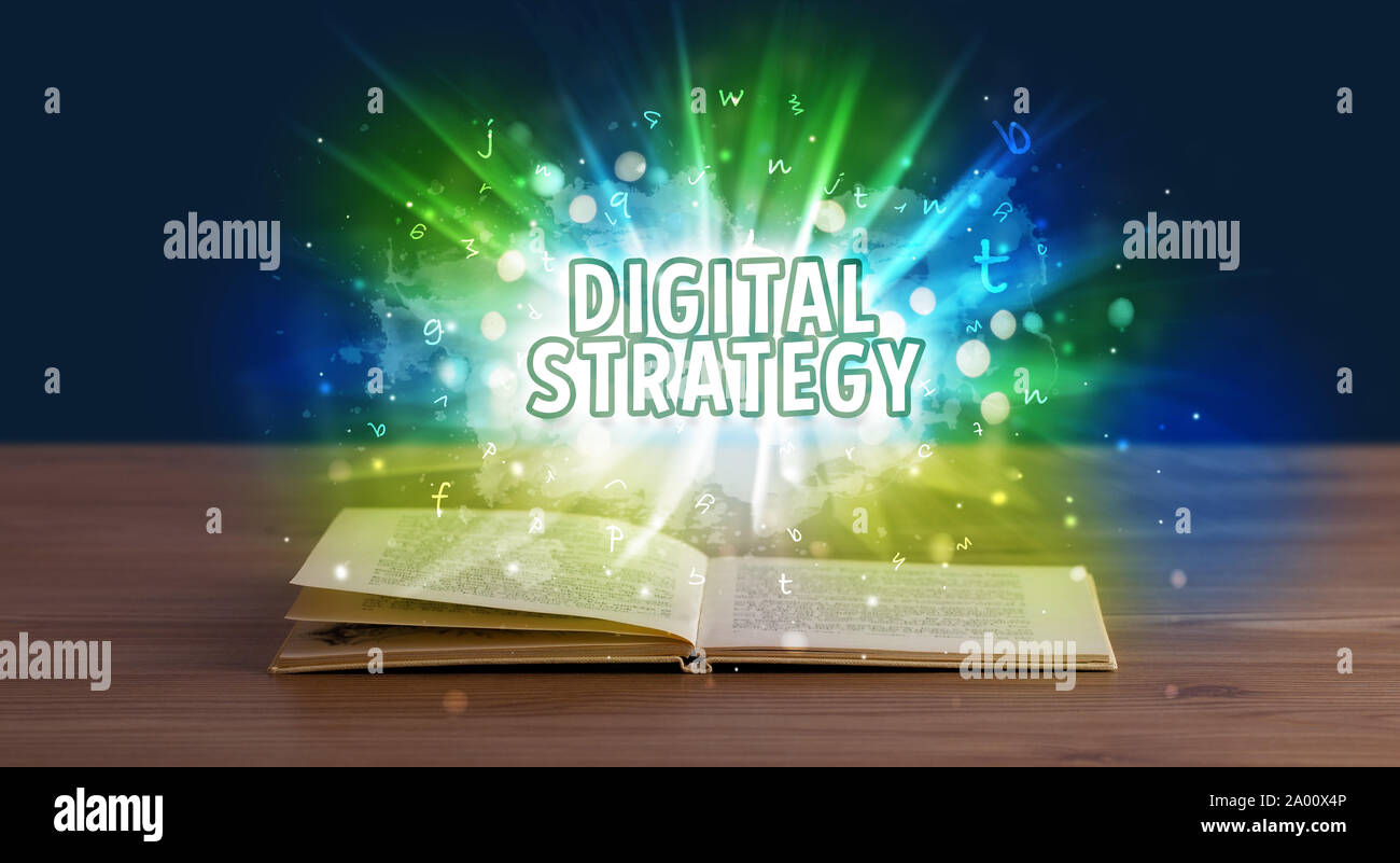 DIGITAL STRATEGY inscription coming out from an open book, educational ...