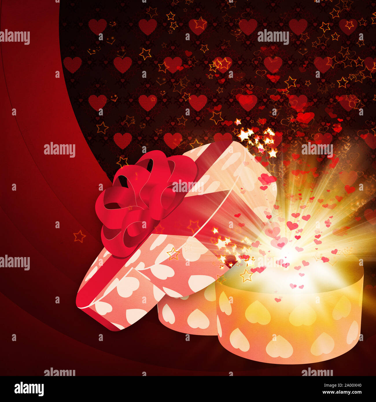 Illustration of opened heart shaped box on red background with hearts ...