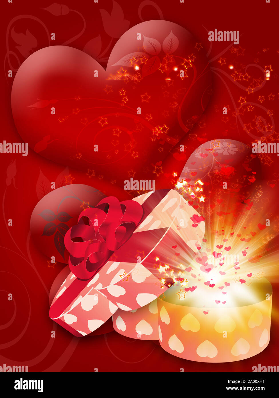 Illustration of opened heart shaped box on red background with hearts ...