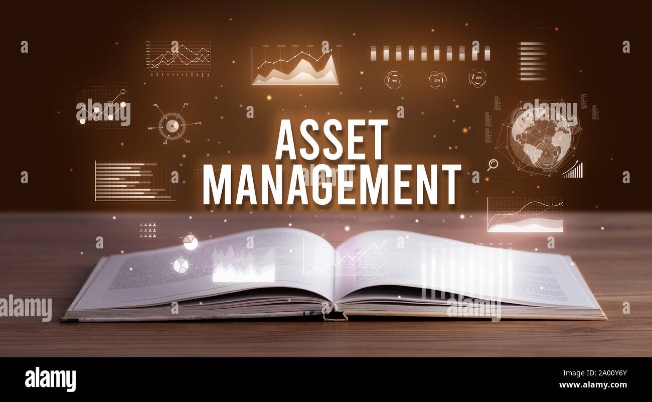 ASSET MANAGEMENT inscription coming out from an open book, creative ...