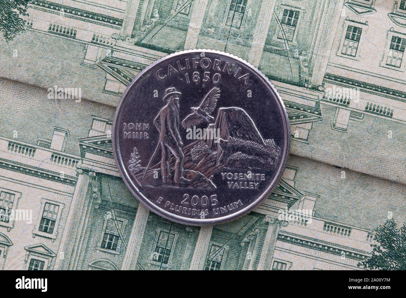A quarter of California on US dollar bills. Symmetric composition of US ...