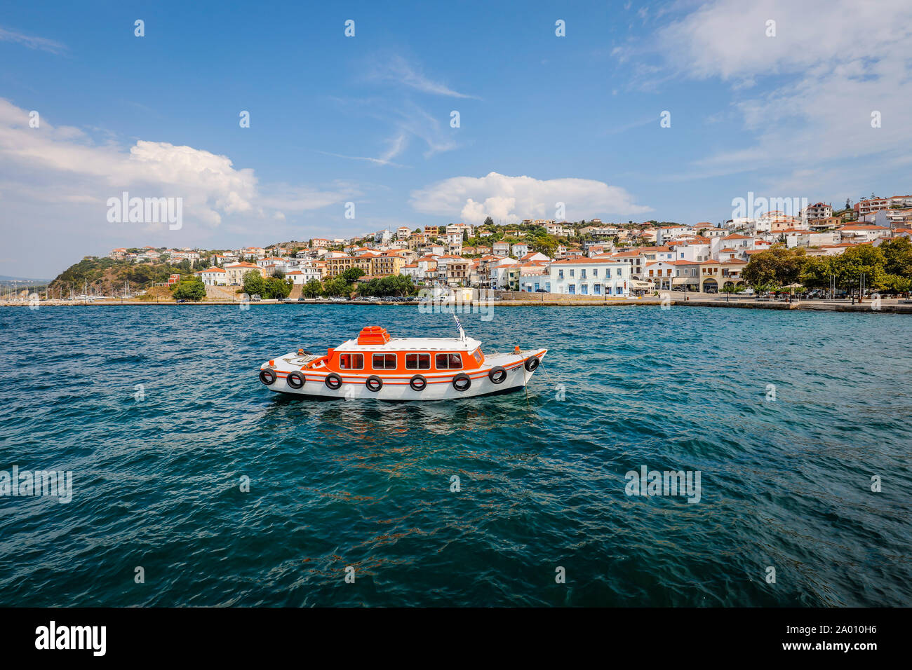 Pylos, Messinia, Peloponnese, Greece - Motor boat in the port of Pylos ...