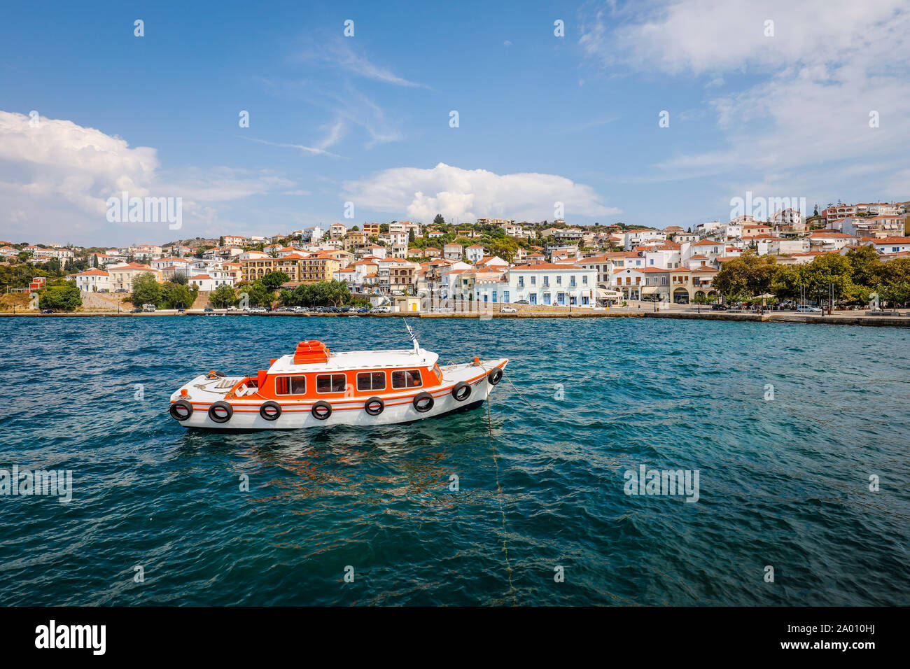 Pylos, Messinia, Peloponnese, Greece - Motor boat in the port of Pylos ...