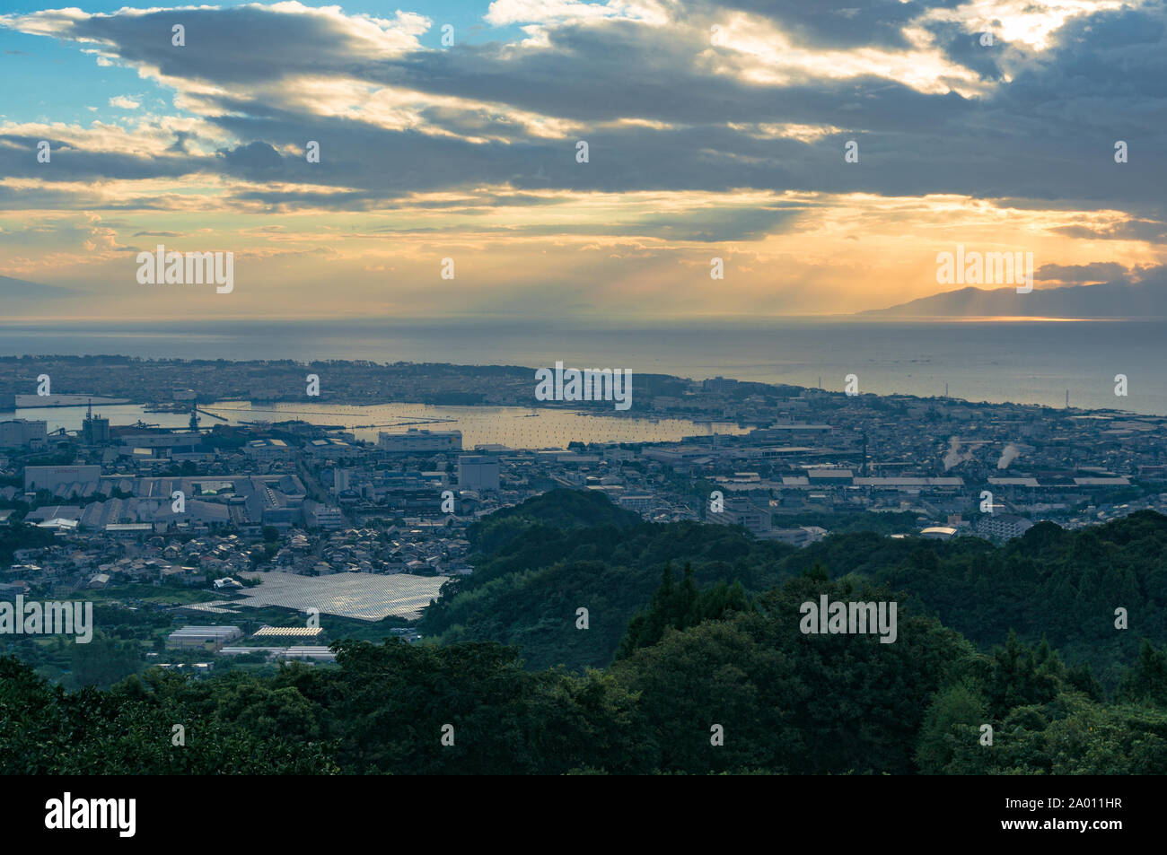 Aerial view of Shizuoka and Suruga bay on sunrise. Japanese urban ...