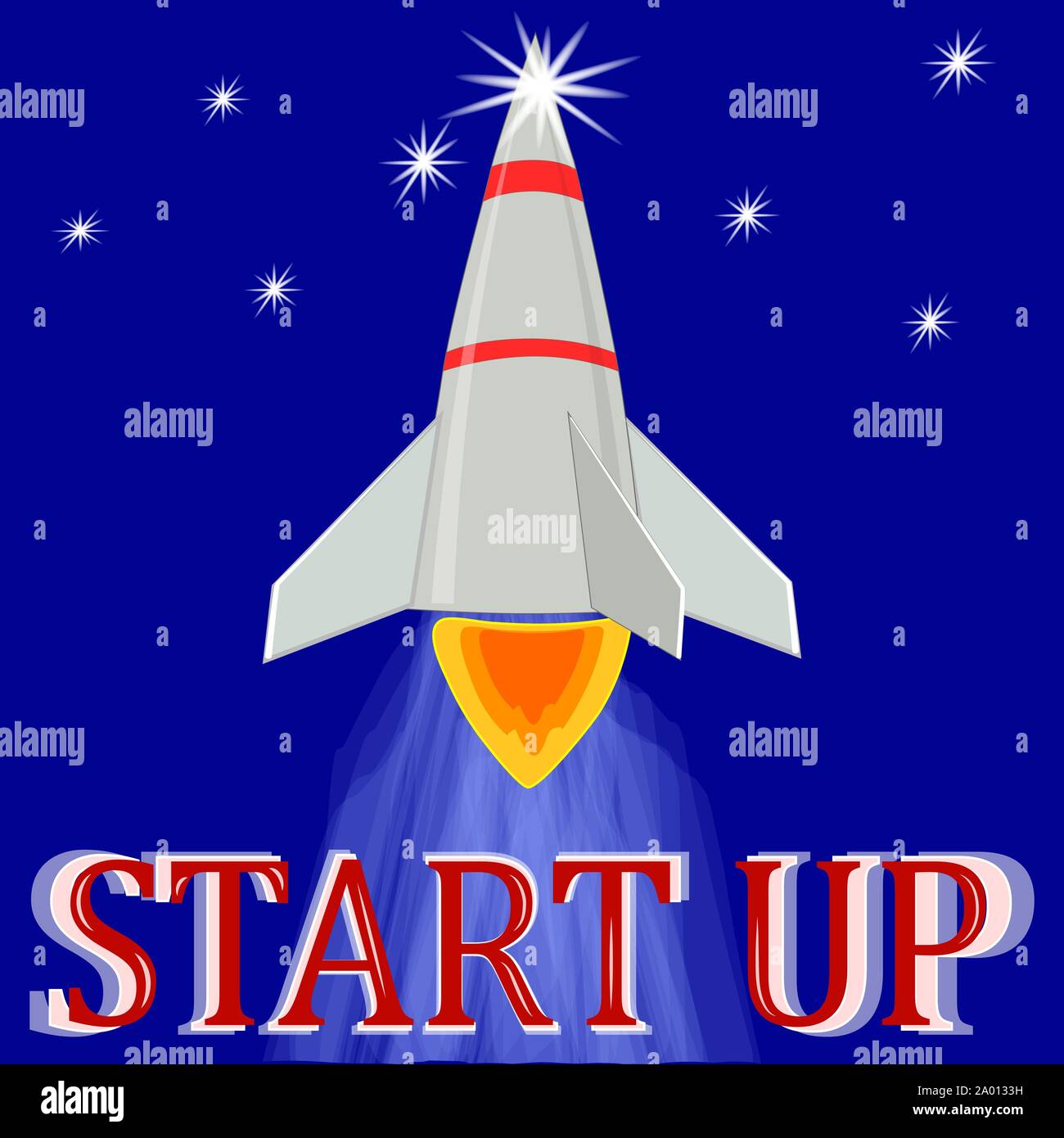 Flat drawing of the rocket. Business startup . The rocket takes off to ...