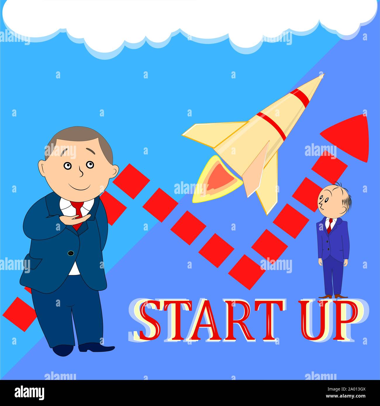 The flat pattern. Business startup .A rocket floating in the clouds ...