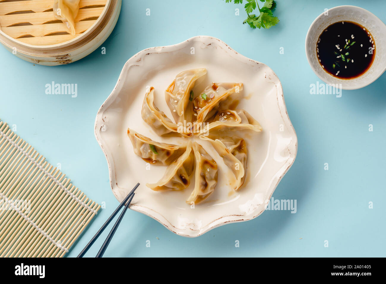 Gyoza dumplings with duck cooked in bamboo steamer served on a plate ...
