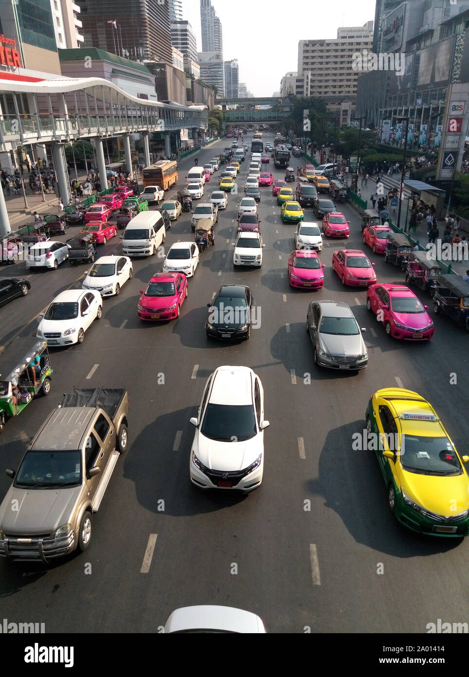 top view of a wide street with multi-lane traffic, heavy traffic from ...