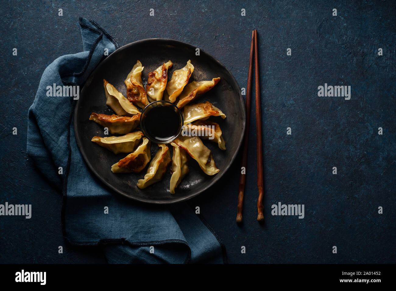 Fried gyoza dumplings with duck served with soy sauce ans sesame seeds ...