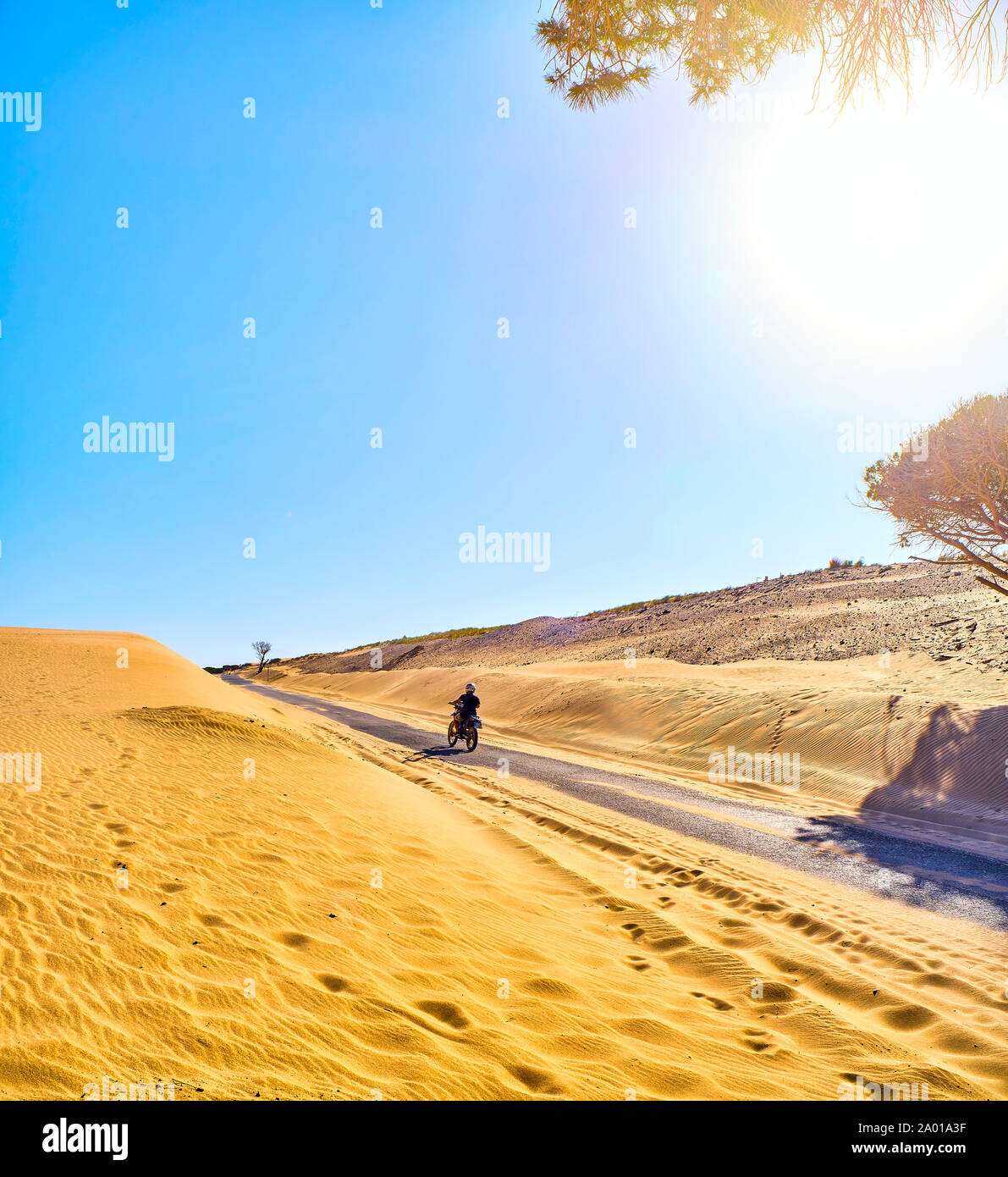 Motorcycle crossing an arid dune terrain over a cracked asphalt road ...