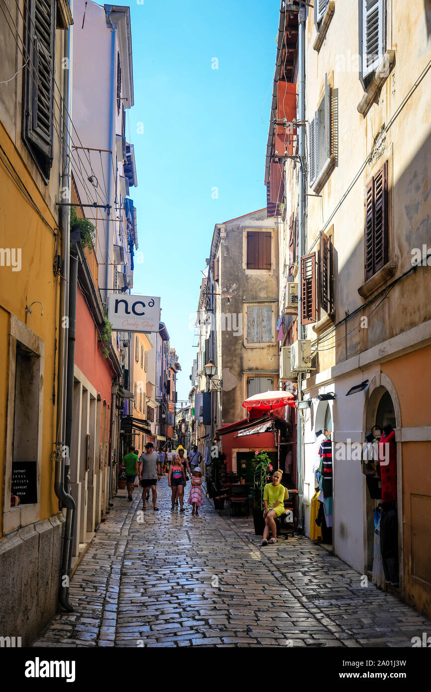 Rovinj, Istria, Croatia - People in the Old Town lanes of the port city ...