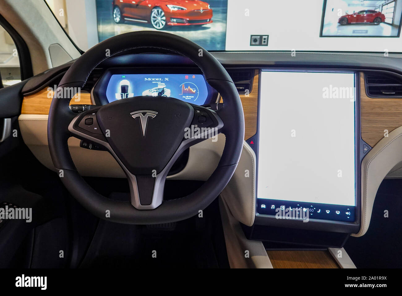 Seattle,WA/USA-9/15/29: A Tesla Car dashboard and steering wheel. Tesla ...