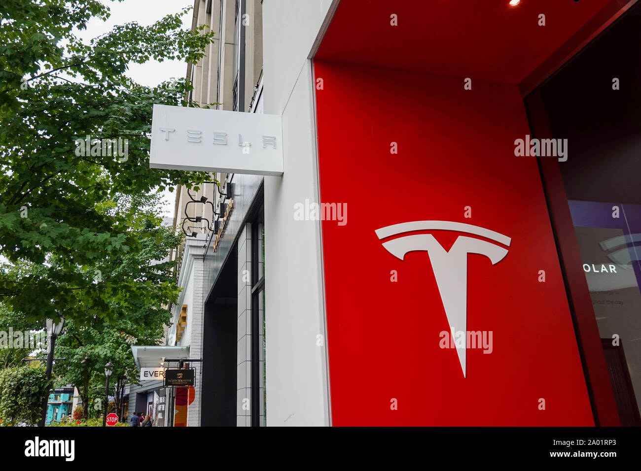 Seattle,WA/USA-9/15/29: The exterior of a Tesla Car dealership. Tesla ...