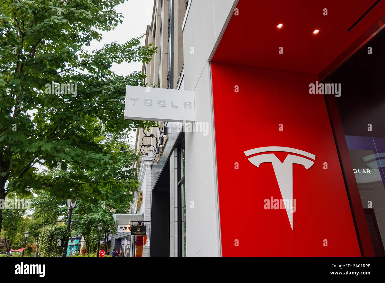 Seattle,WA/USA-9/15/29: The exterior of a Tesla Car dealership. Tesla ...
