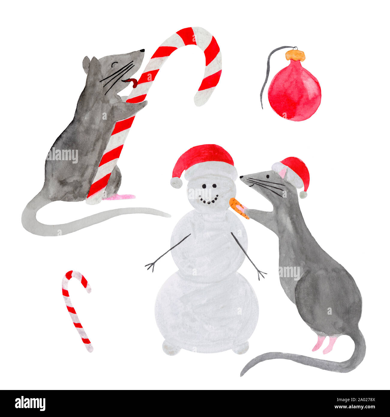 Watercolor set of Christmas rats isolated on white background. Hand ...