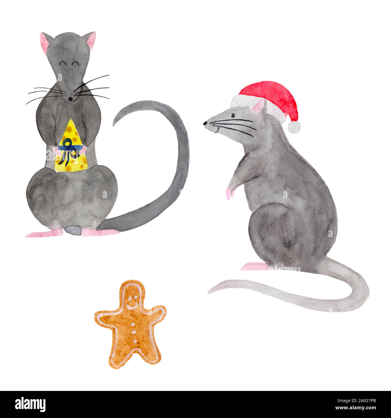 Watercolor set of Christmas rats isolated on white background. Hand ...
